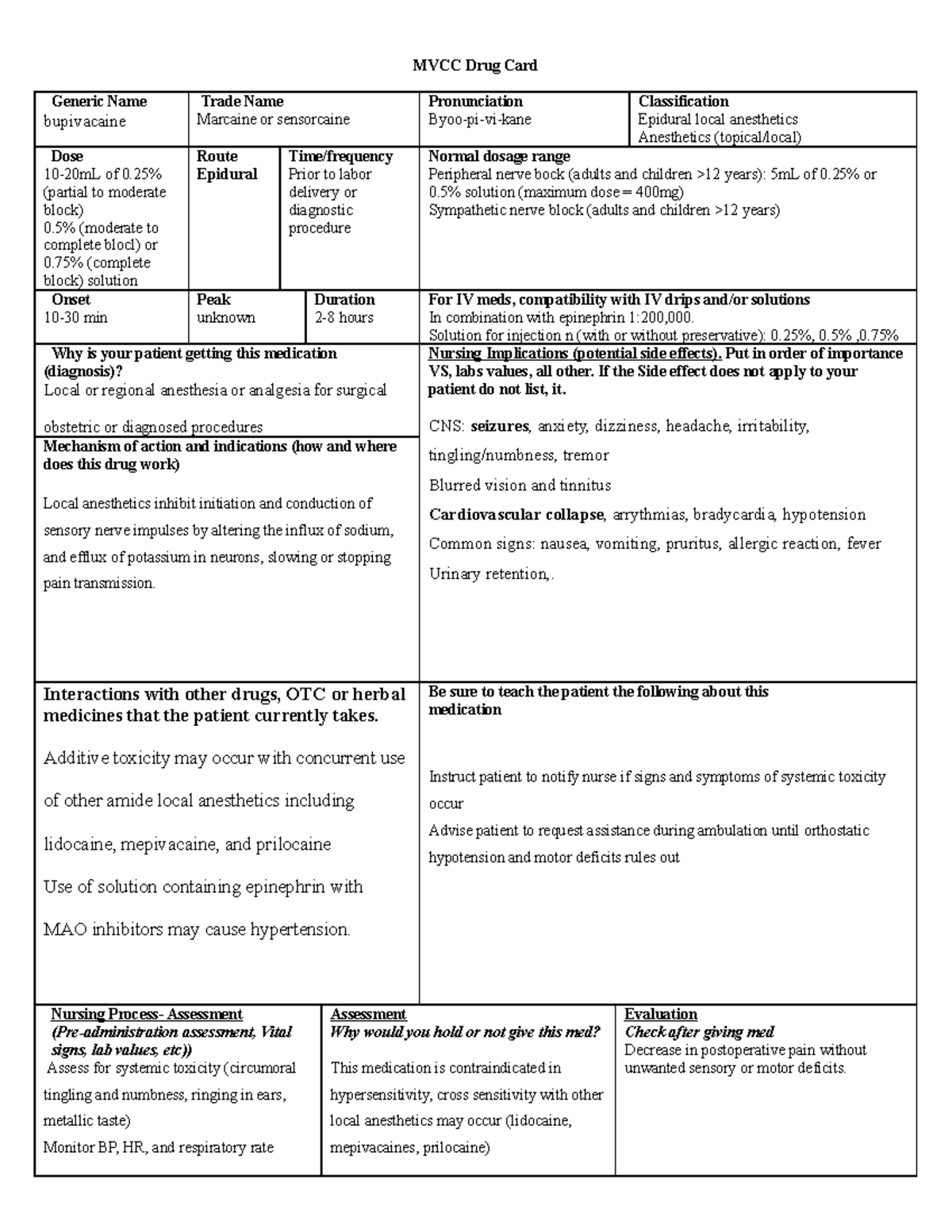 Bupivacaine - MVCC Drug Card Generic Name bupivacaine Trade Name ...