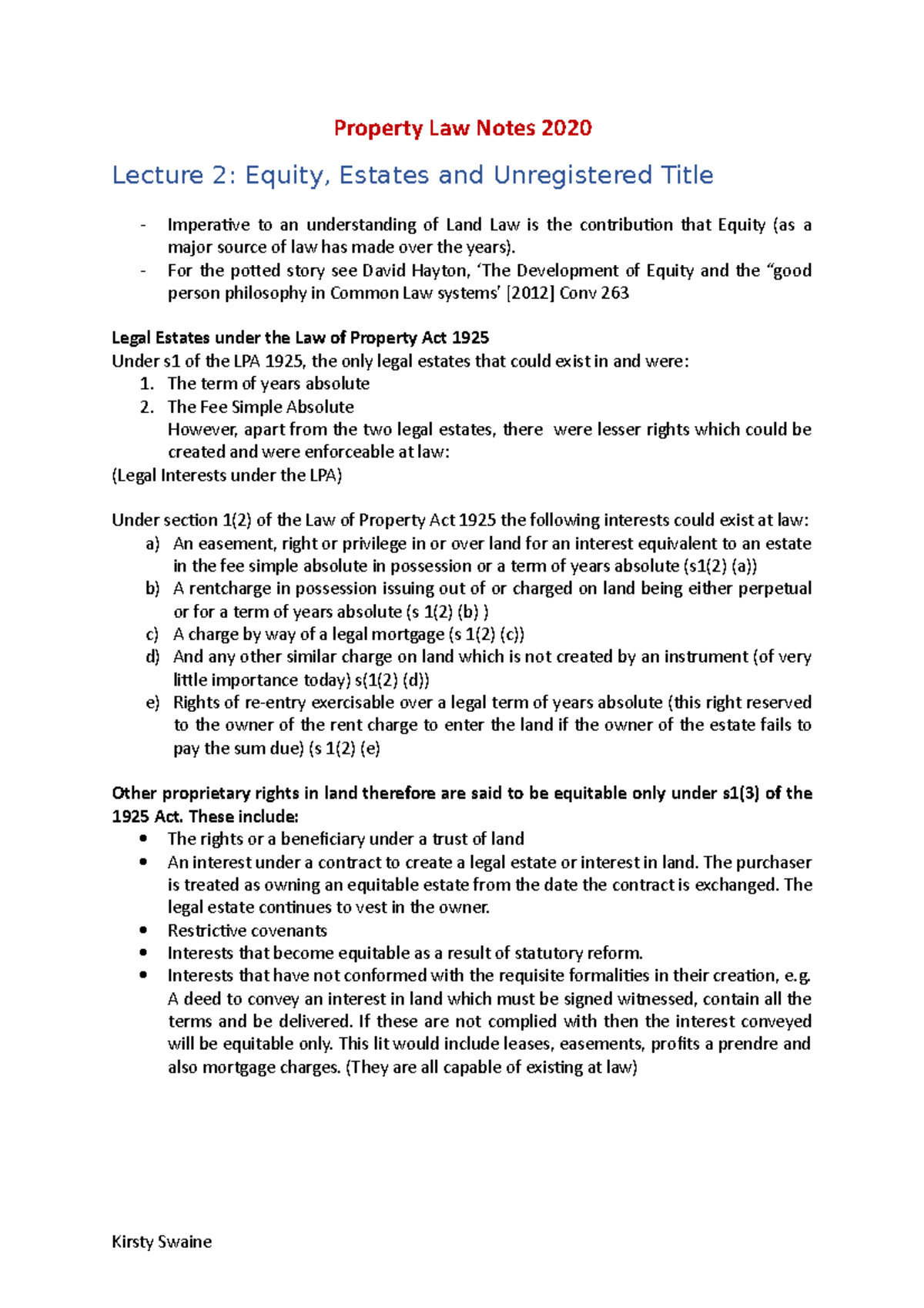 Property Law Notes 2020 - Property Law Notes 2020 Lecture 2: Equity ...