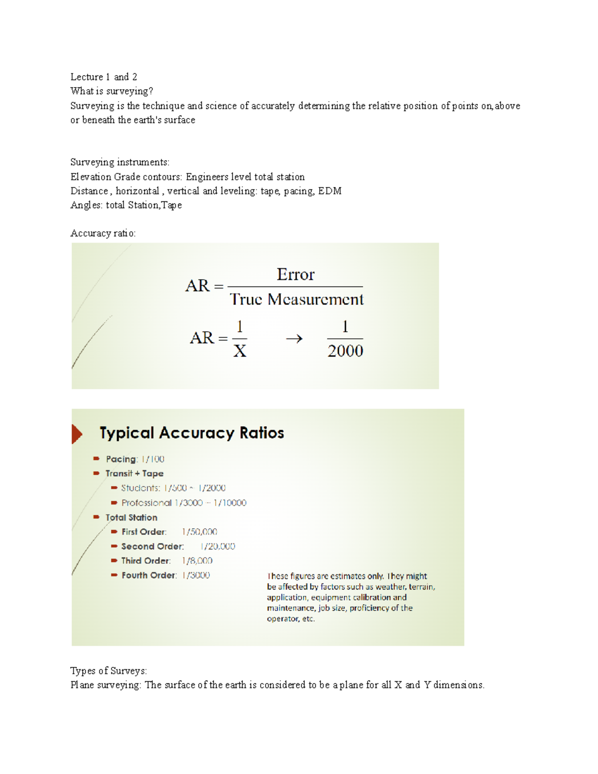 Cive 2004 mid term notes - Lecture 1 and 2 What is surveying? Surveying ...