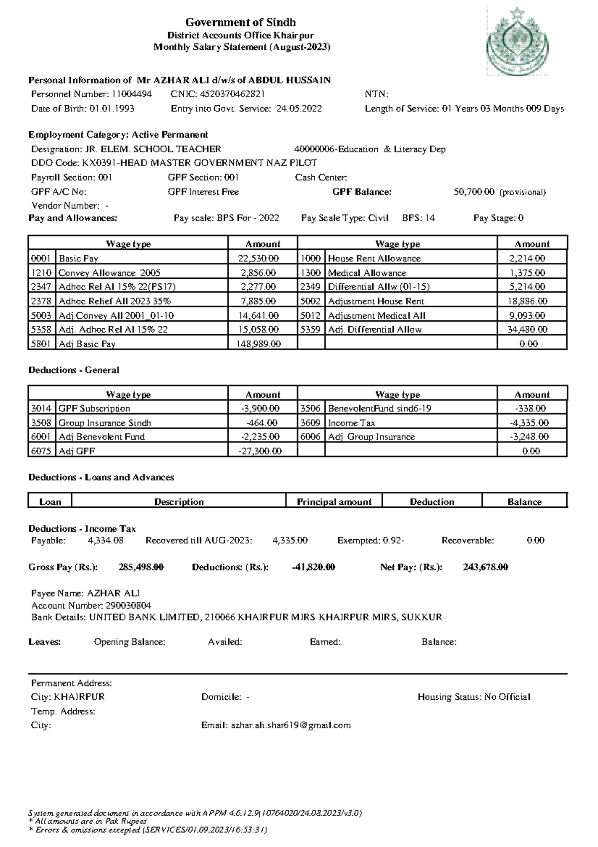 Salary slip ( 11004494 August , 2023 ) - Government of Sindh District ...