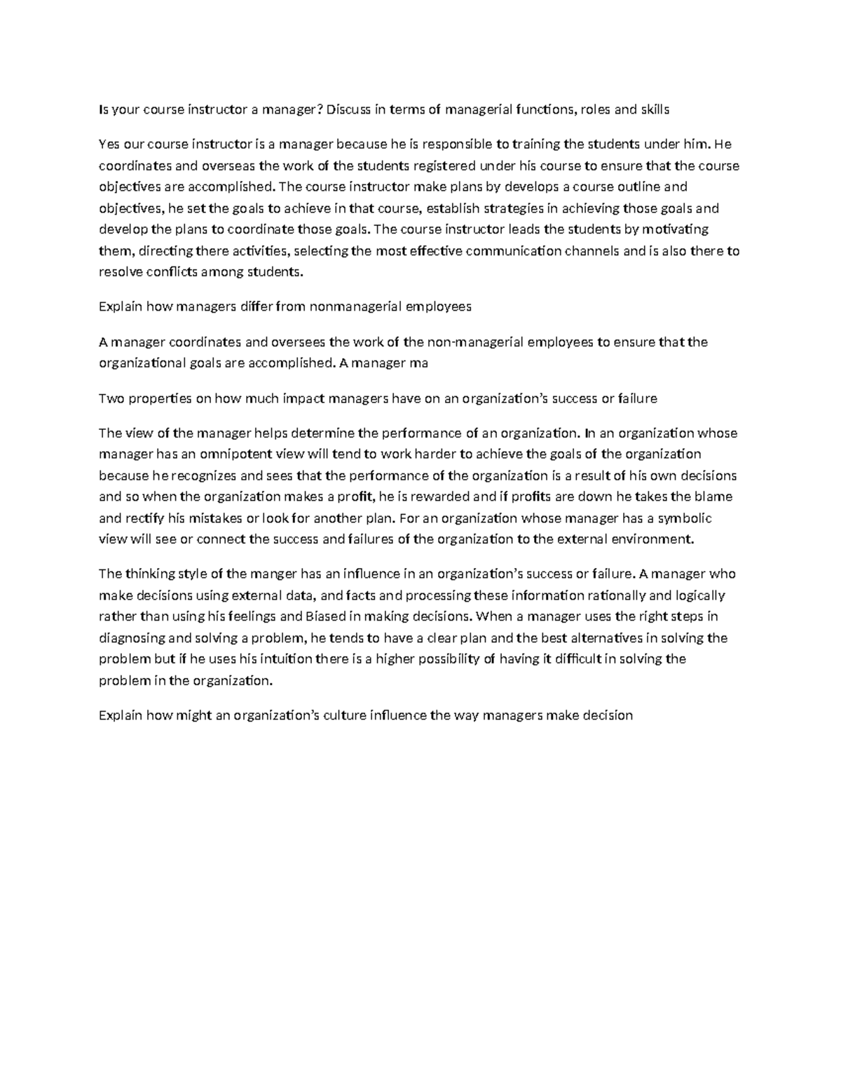 Intro Management - Is your course instructor a manager? Discuss in ...