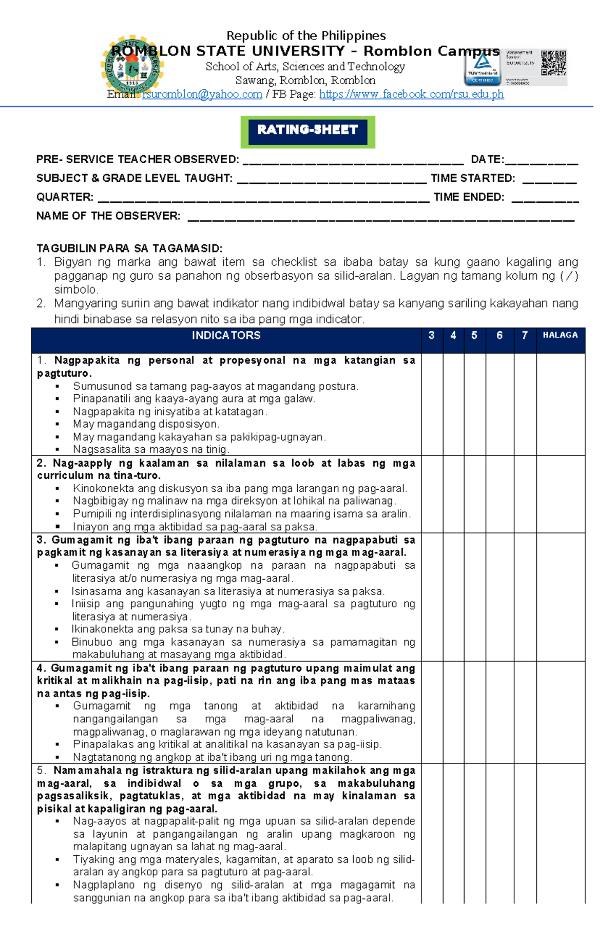 Rating Form Filipino - for demo teaching - Republic of the Philippines ...