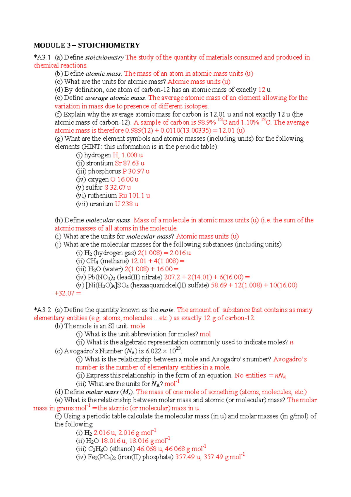 Answers Set A Module 3 - MODULE 3 − STOICHIOMETRY *A3 (a) Define ...