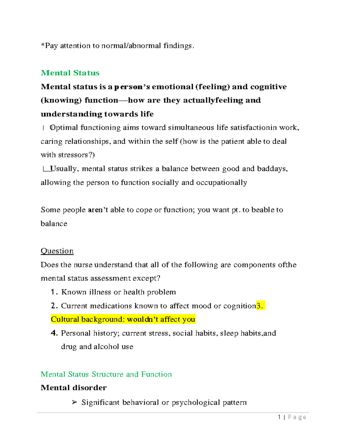 Mental Status Assessment - *Pay attention to normal/abnormal findings ...