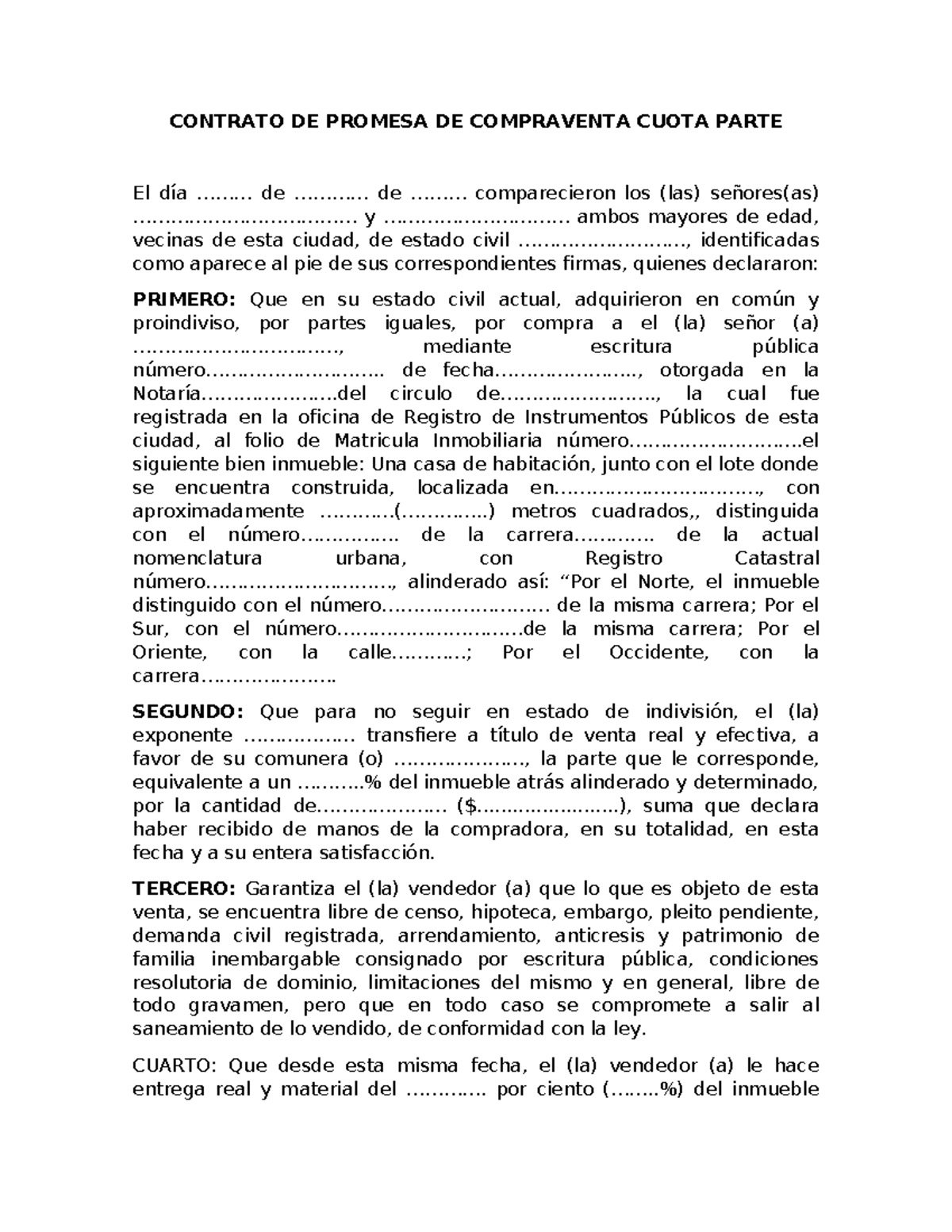 Contrato DE Promesa DE Compraventa Cuota Parte - CONTRATO DE PROMESA DE ...