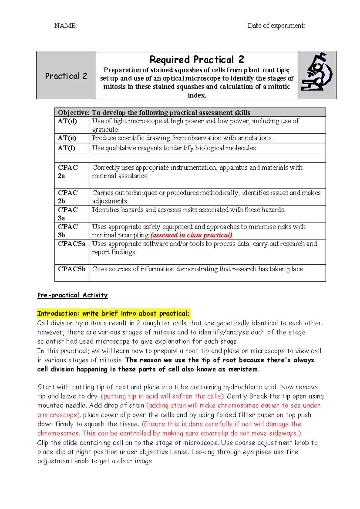 RP2 - Student sheet (Method 1 Practical Day) - Practical 2 Required ...