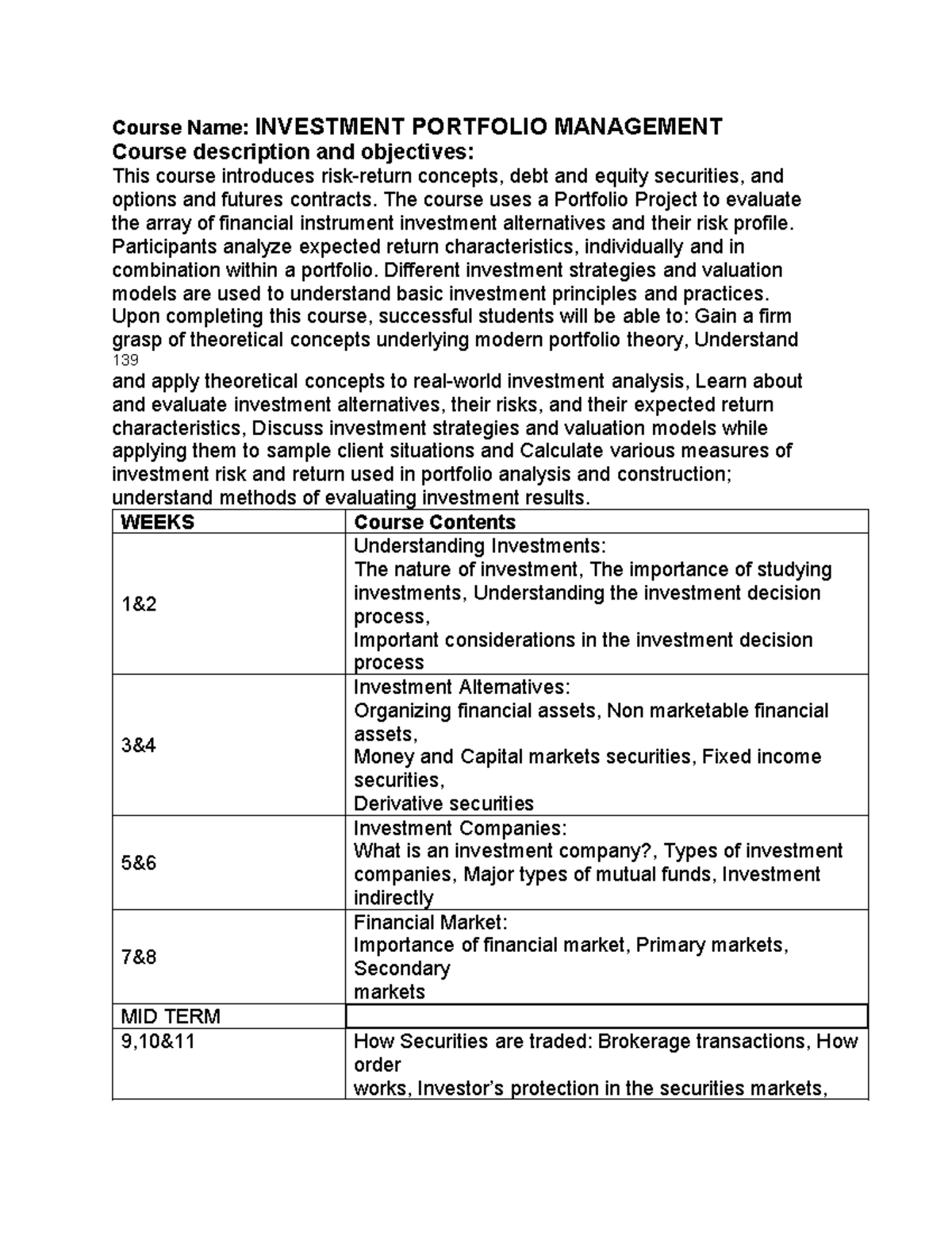 Investment Outline - Course Name: INVESTMENT PORTFOLIO MANAGEMENT ...