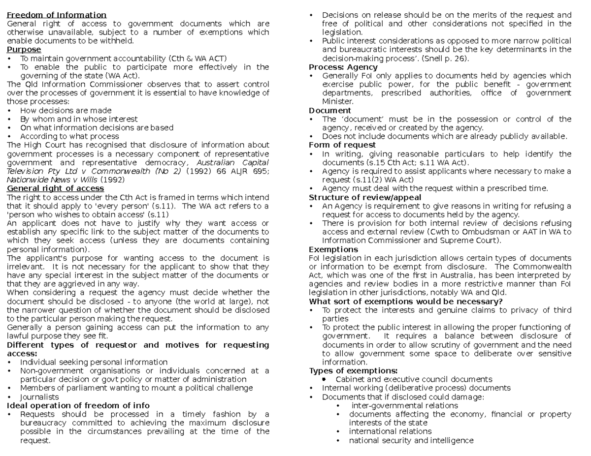 Exam cheat sheets - Freedom of Information General right of access to ...