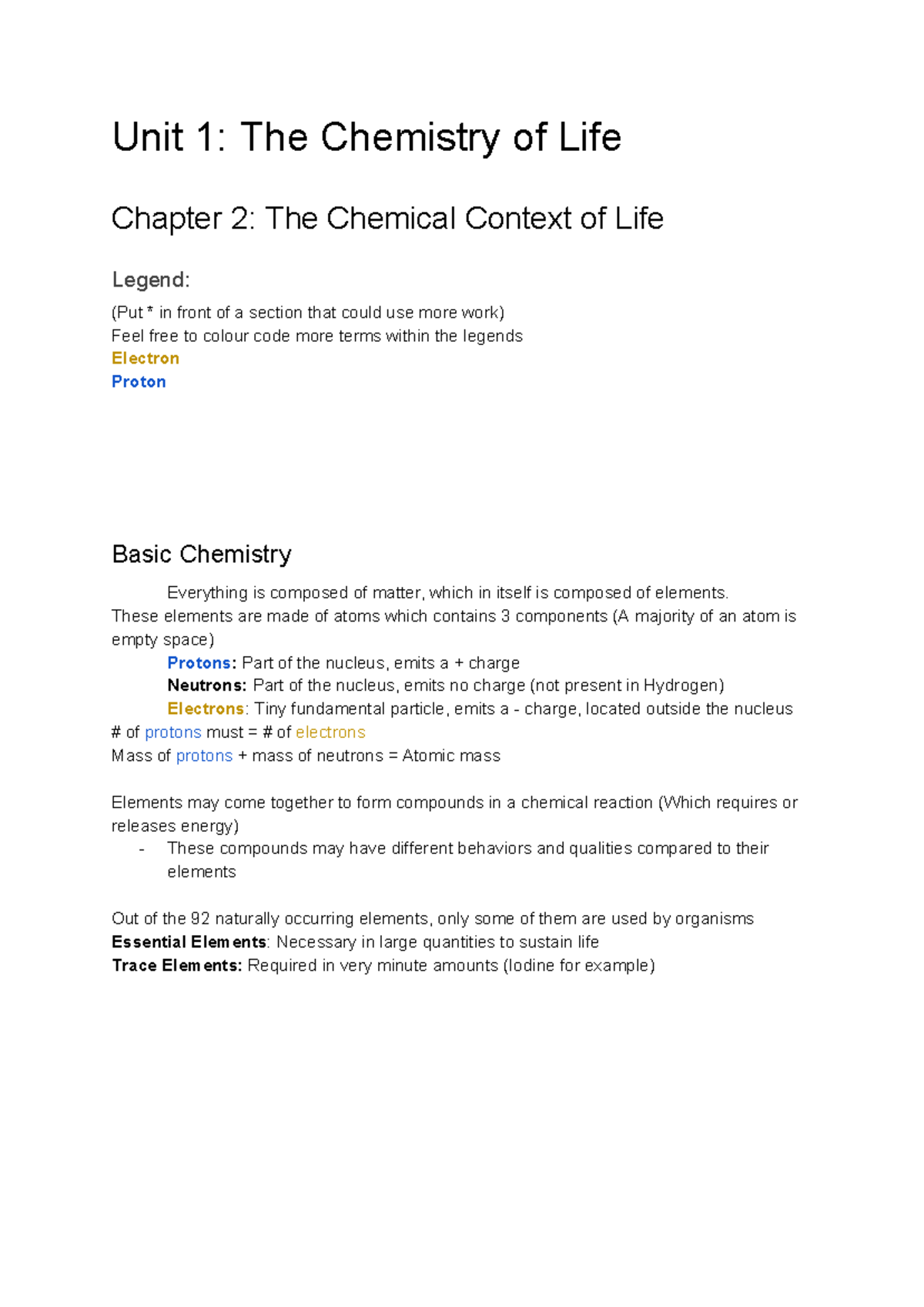 BIOL 1103 Study Sheet - Unit 1: The Chemistry of Life Chapter 2: The ...