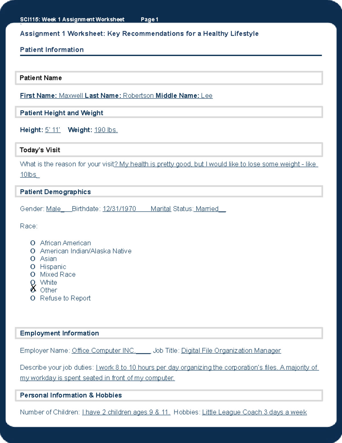 SCI115 wk1 assn - SCI115: Week 1 Assignment Worksheet Page 1 ` Assignment 1 Worksheet: Key - Studocu