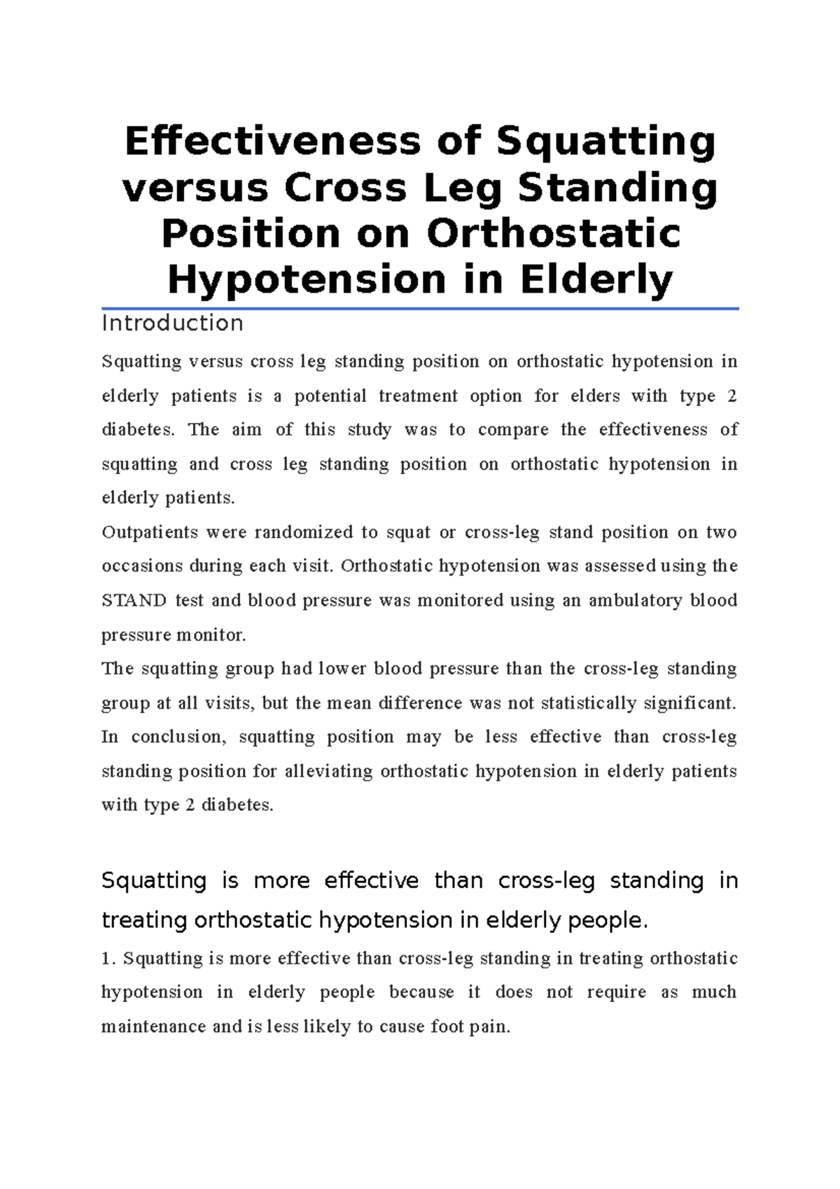 Effectiveness of Squatting versus Cross Leg Standing Position on ...