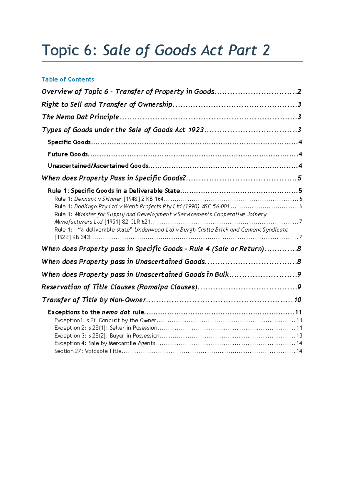 Topic 6 Lecture Notes - Table of Contents Topic 6: Sale of Goods Act ...