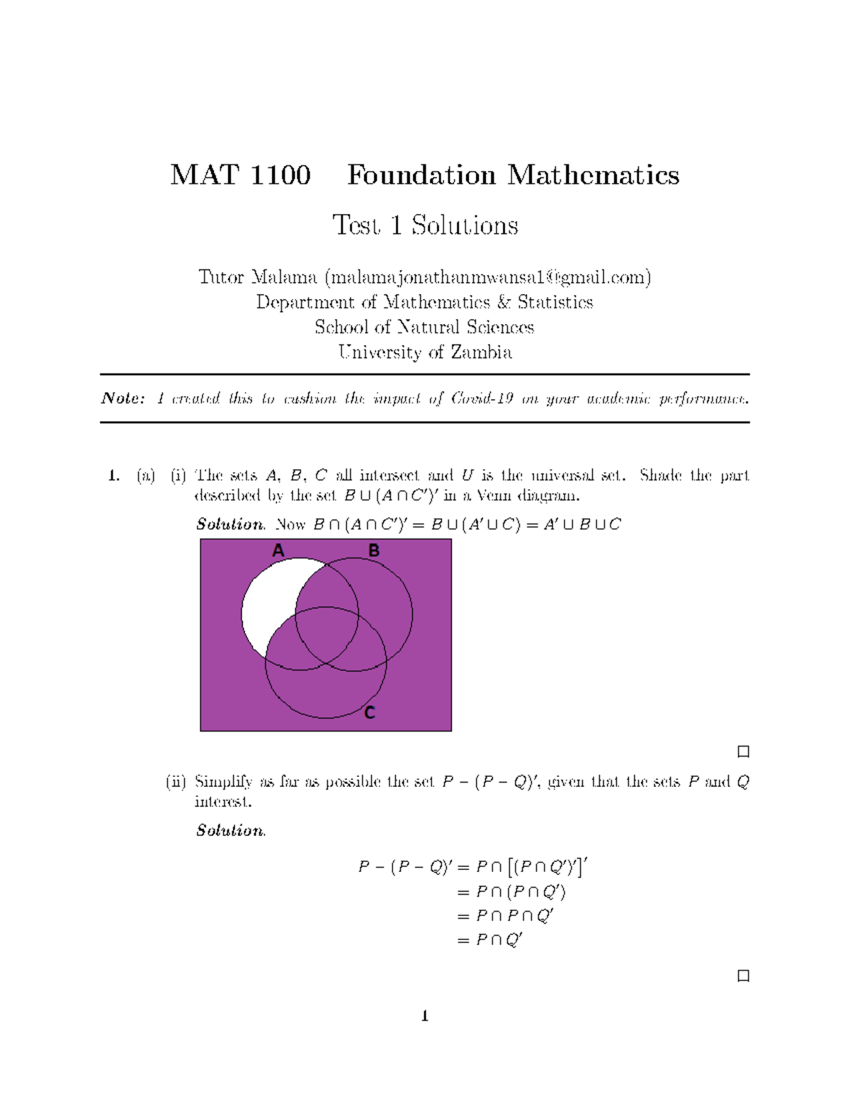2020 Marking Key MAT 1100 Test 1 - MAT 1100 Foundation Mathematics Test ...