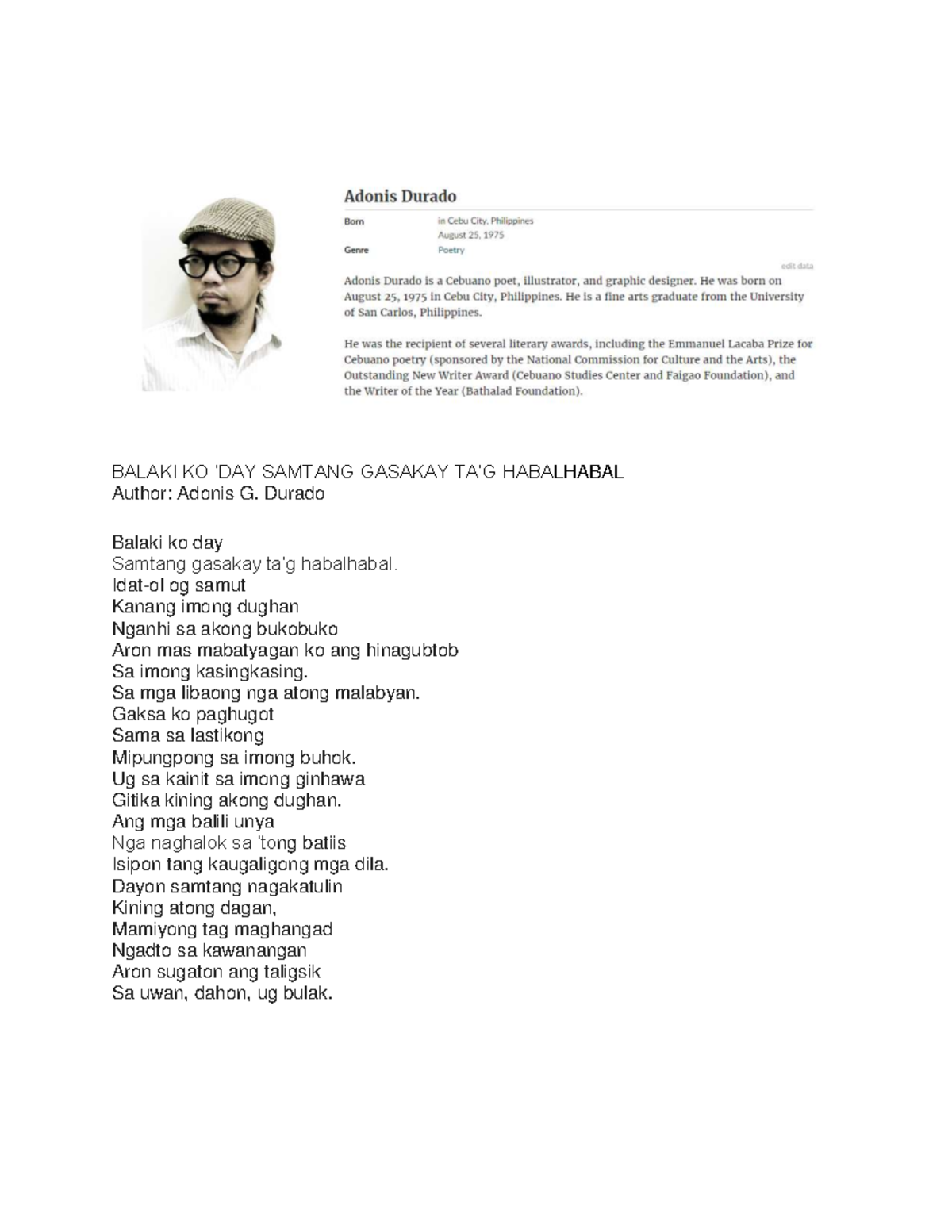 Balaki KO DAY - BALAKI KO ‘DAY SAMTANG GASAKAY TA’G HABALHABAL Author: Adonis G. Durado Balaki ...