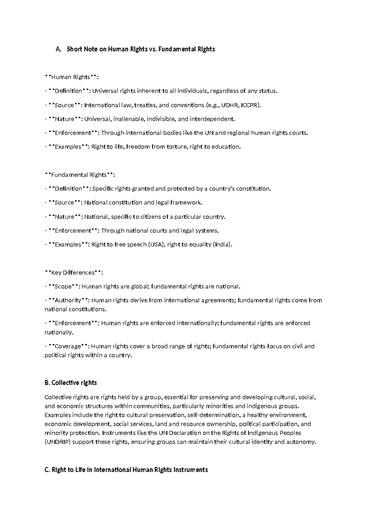 Notes Human Rights - A. Short Note on Human Rights vs. Fundamental ...