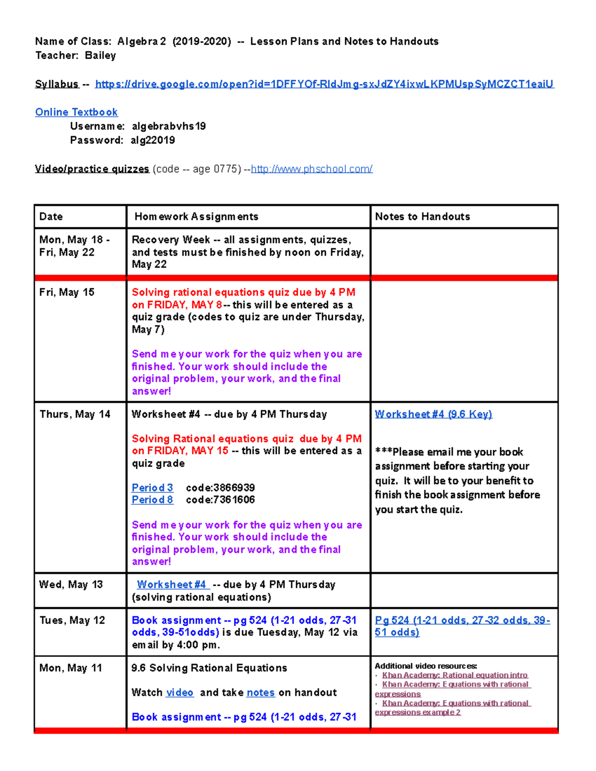 Algebra 2 Lesson Plans 2019-2020 - Name of Class: Algebra 2 (2019-2020 ...