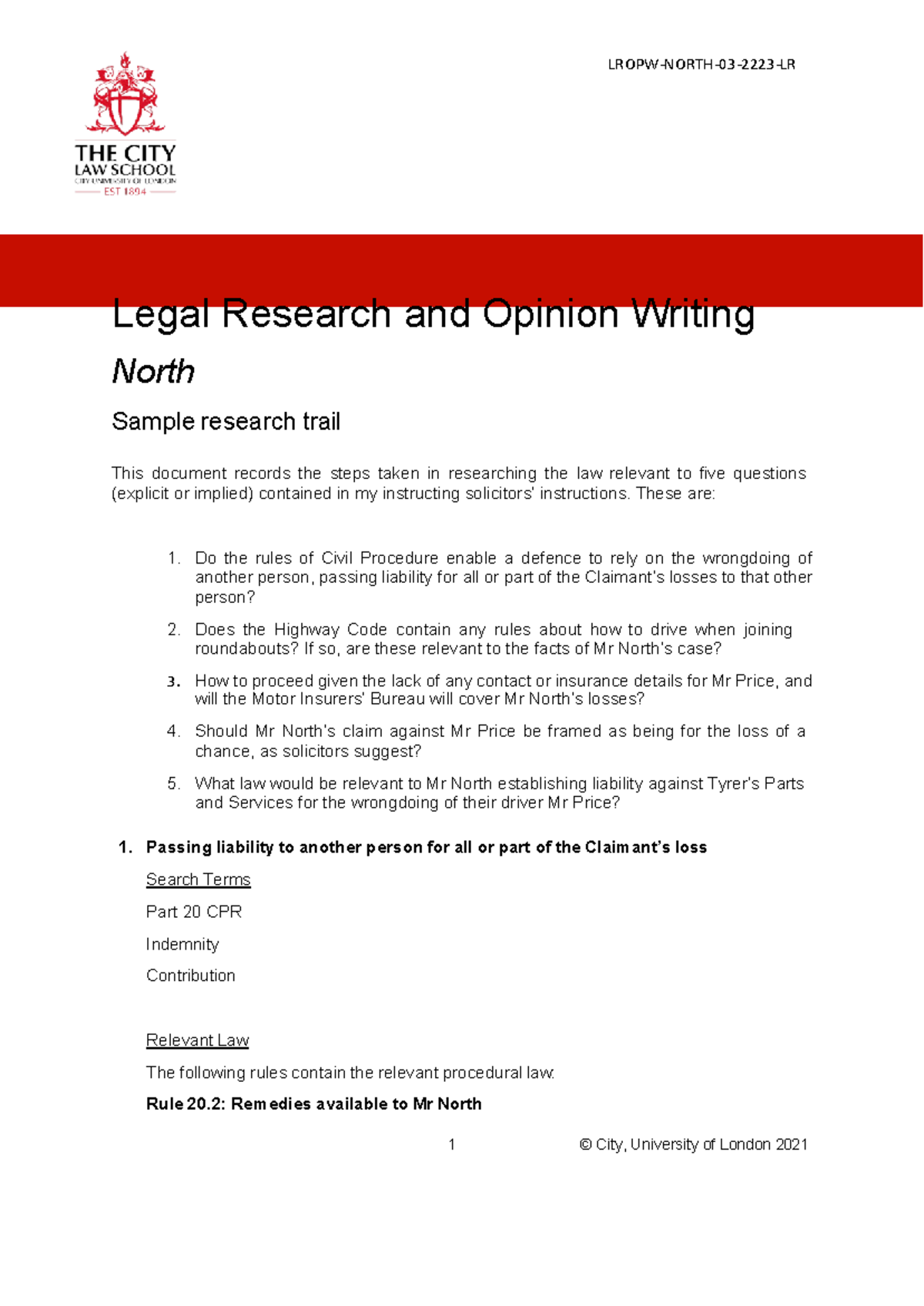 North sample research trail 2223 - Legal Research and Opinion Writing ...