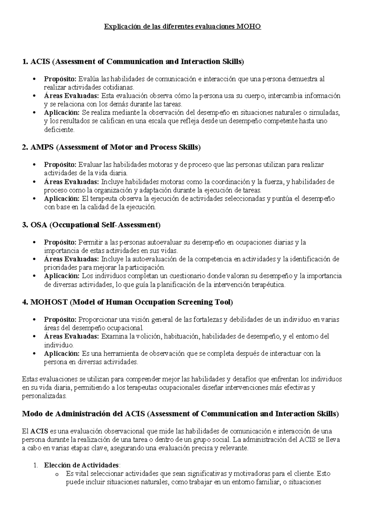 Explicación de las diferentes evaluaciones MOHO - ACIS (Assessment of ...