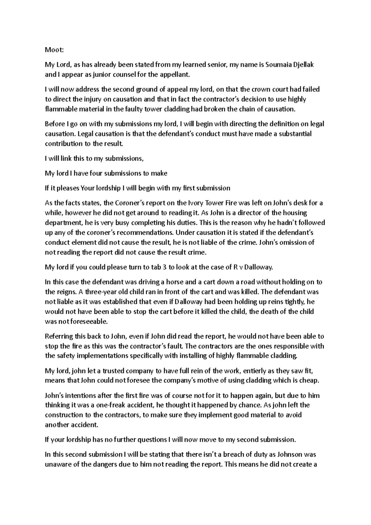 Moot notes - Example of mooting - Moot: My Lord, as has already been ...