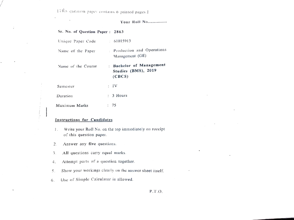 POM Old Question Papers - 2 4 5. 6. |hs qucstian pape contus 6 printed ...