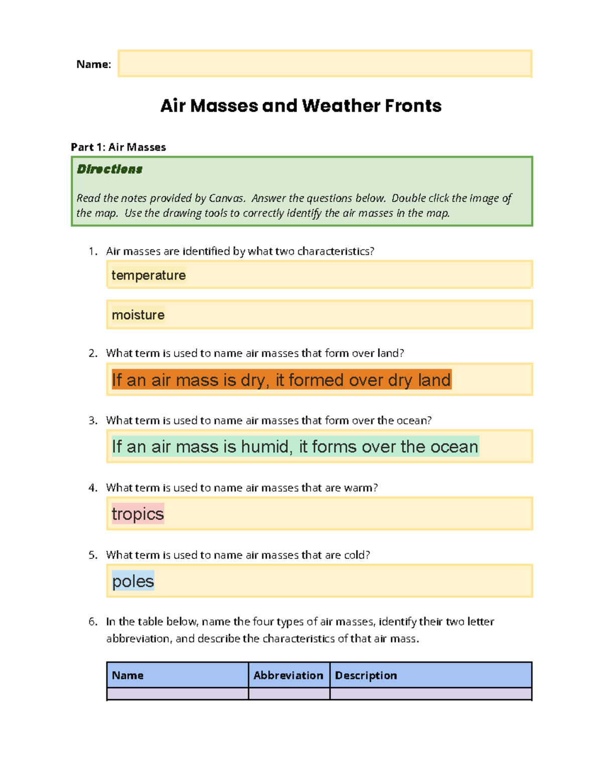3.04 Air Masses and Weather Fronts - Name: Air Masses and Weather ...