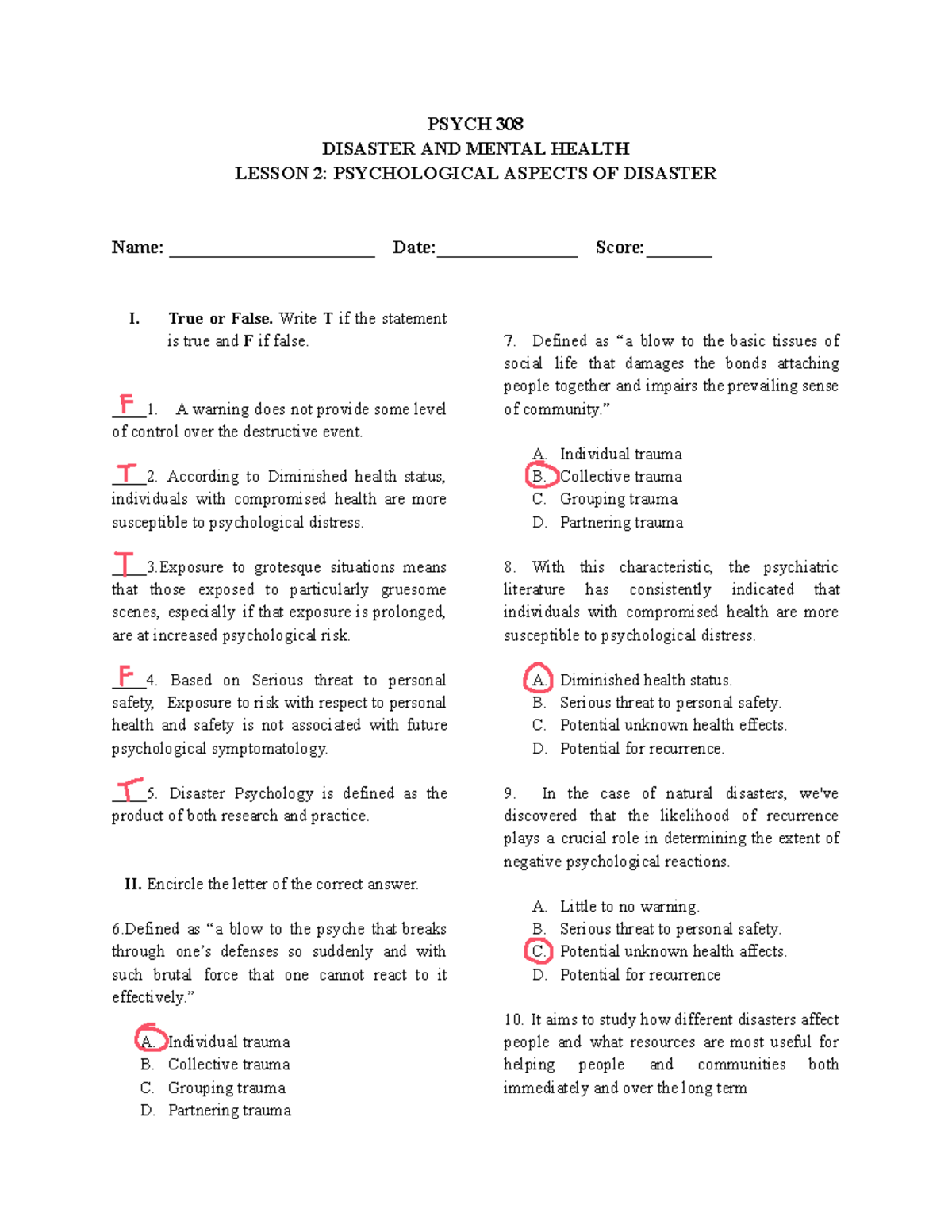 Assessment 1- Psychological - PSYCH 308 DISASTER AND MENTAL HEALTH ...