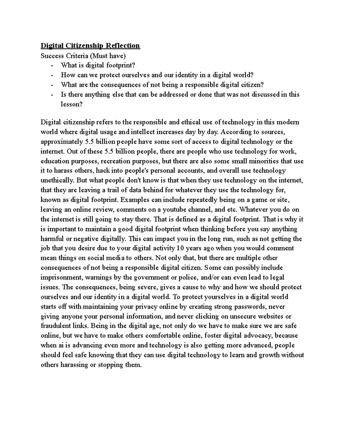 Digital Citizenship Reflection - Digital Citizenship Reflection Success ...
