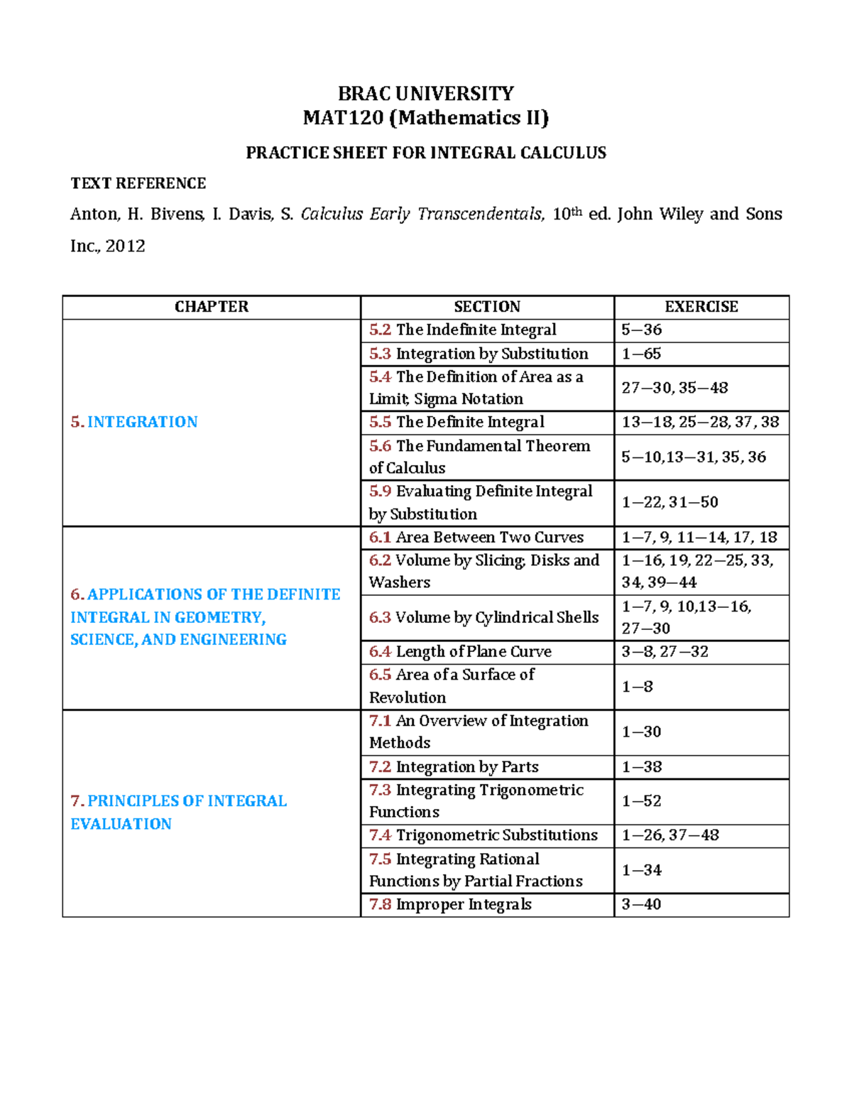 Practice Sheet (Integral Calculus) - BRAC UNIVERSITY MAT120 ...