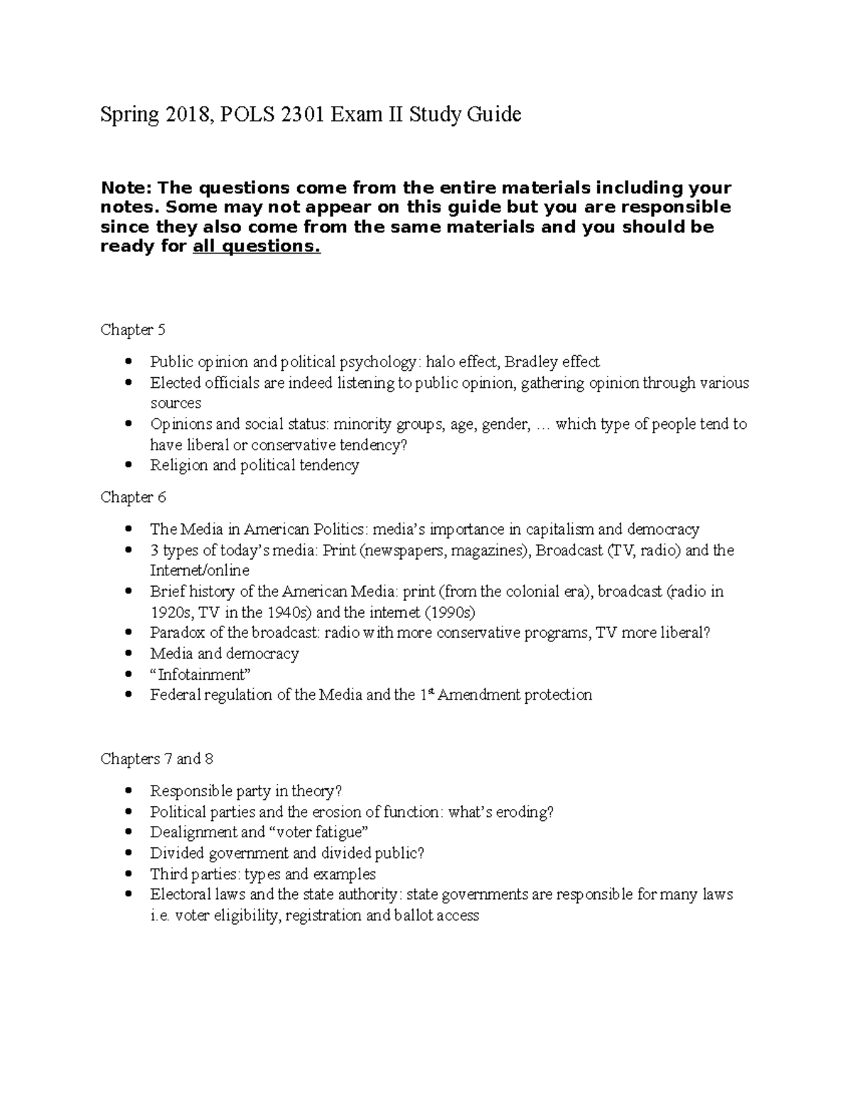 Exam II guide - March Exam - Spring 2018, POLS 2301 Exam II Study Guide ...
