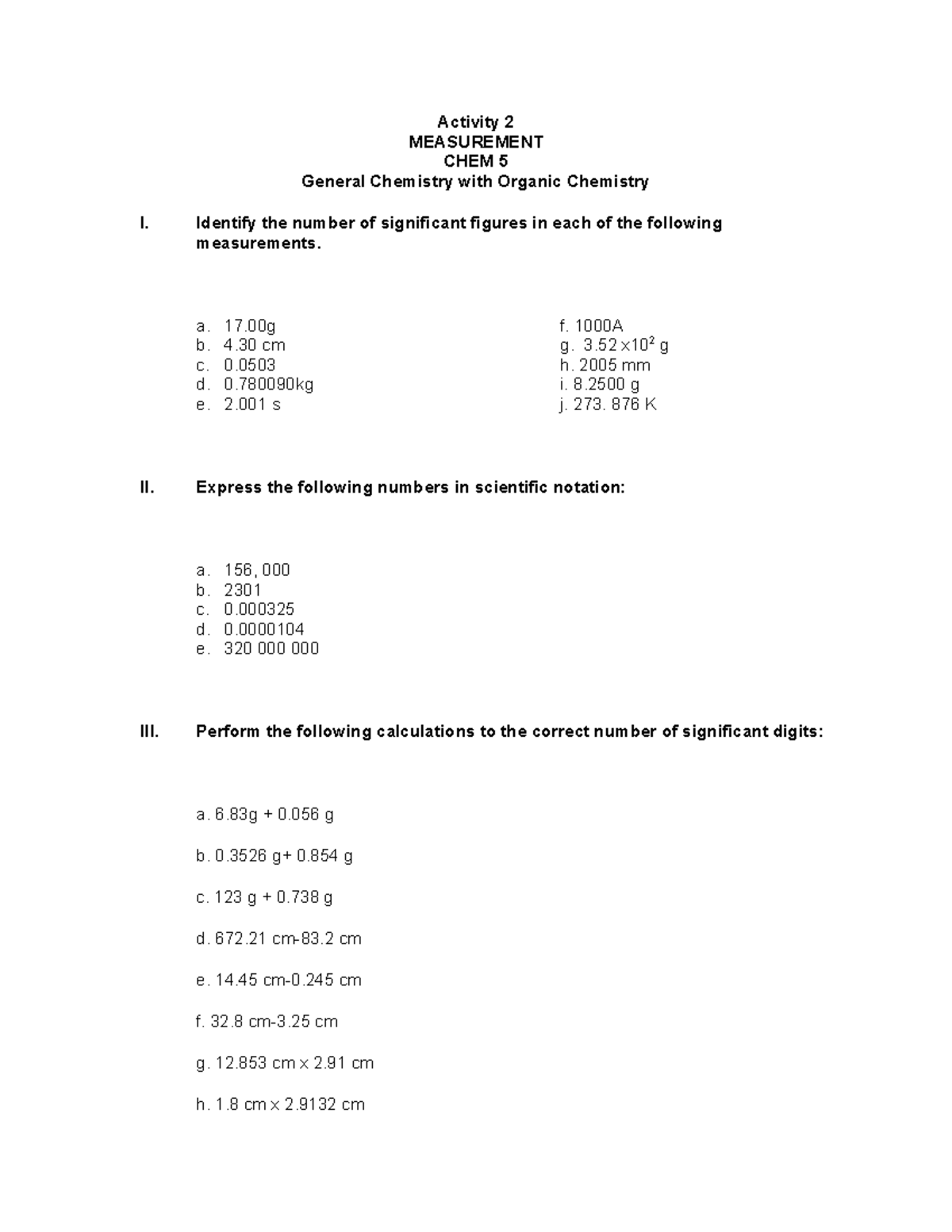 Activity 2. CHEM 5 - General Chemistry with Organic Chemistry ...