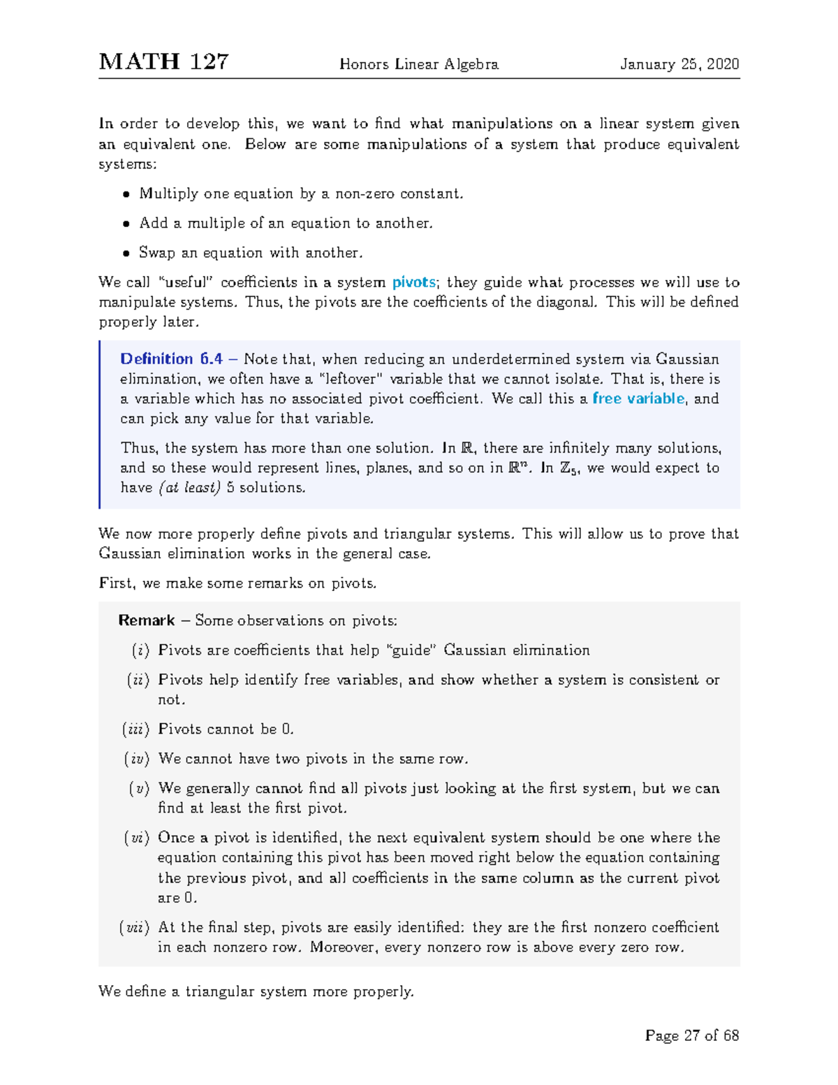 MATH 235-27 - Lecture notes 27 - MATH 127 Honors Linear Algebra January ...