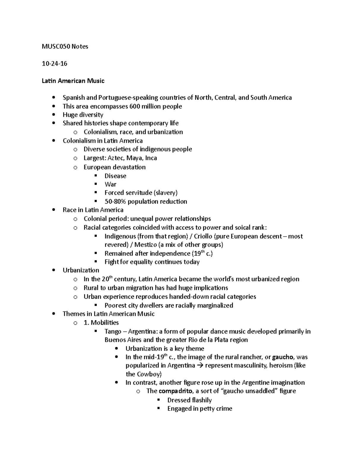MUSC050 Notes 10-24-16 - MUSC050 Notes 10-24-16 Latin American Music ...