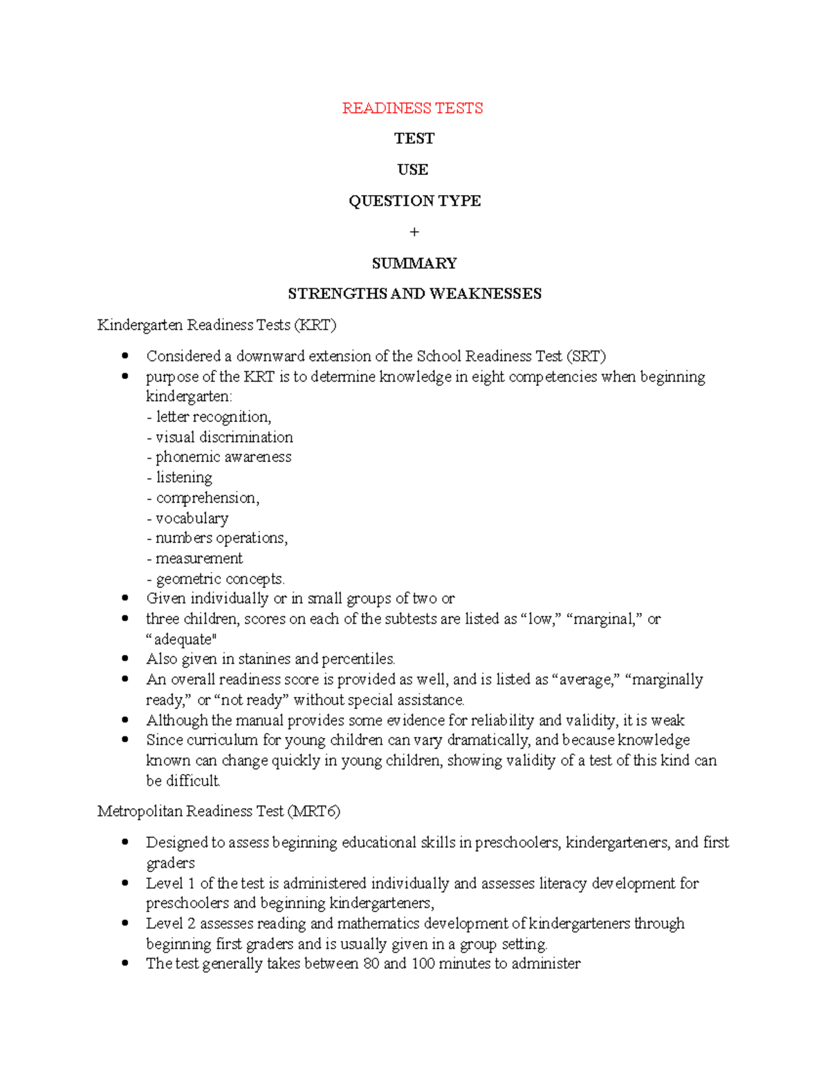 Readiness Tests - Given individually or in small groups of two or three ...