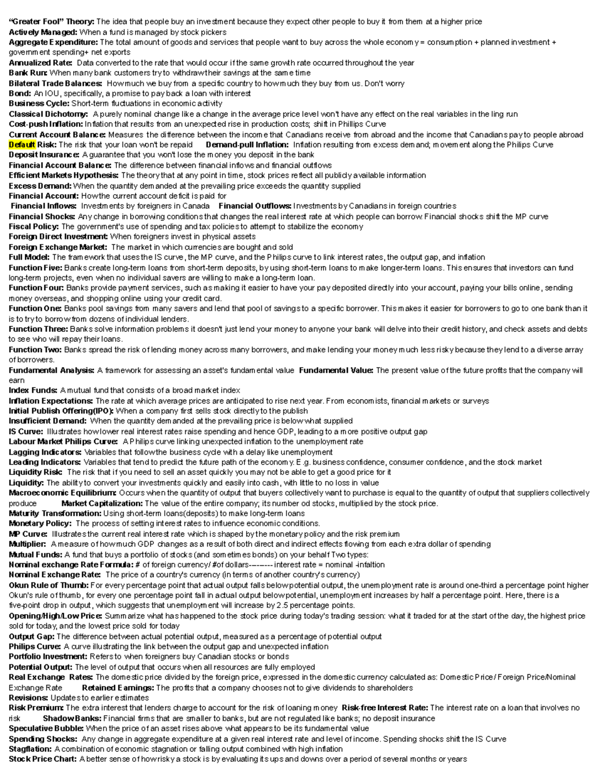 EC140 Midterm 2 Cheat Sheet - “Greater Fool” Theory: The idea that ...