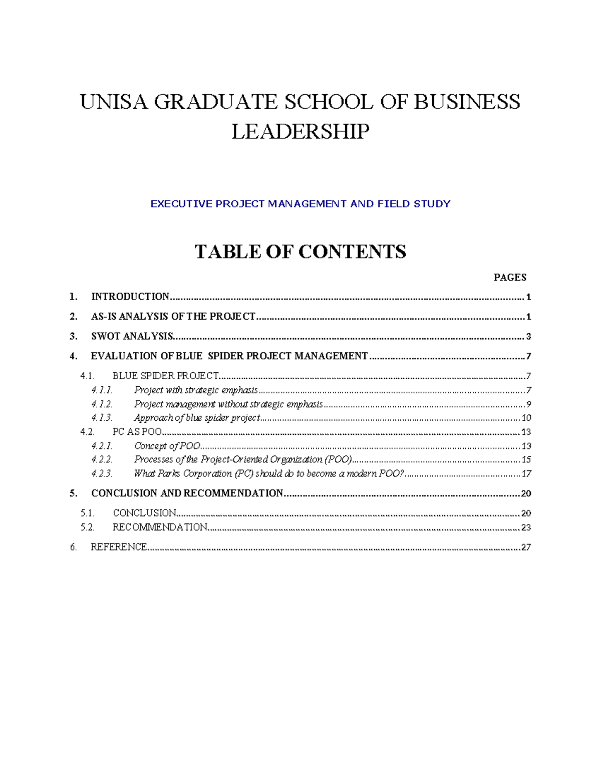 Case Analysis of Blue Spider Project - UNISA GRADUATE SCHOOL OF ...