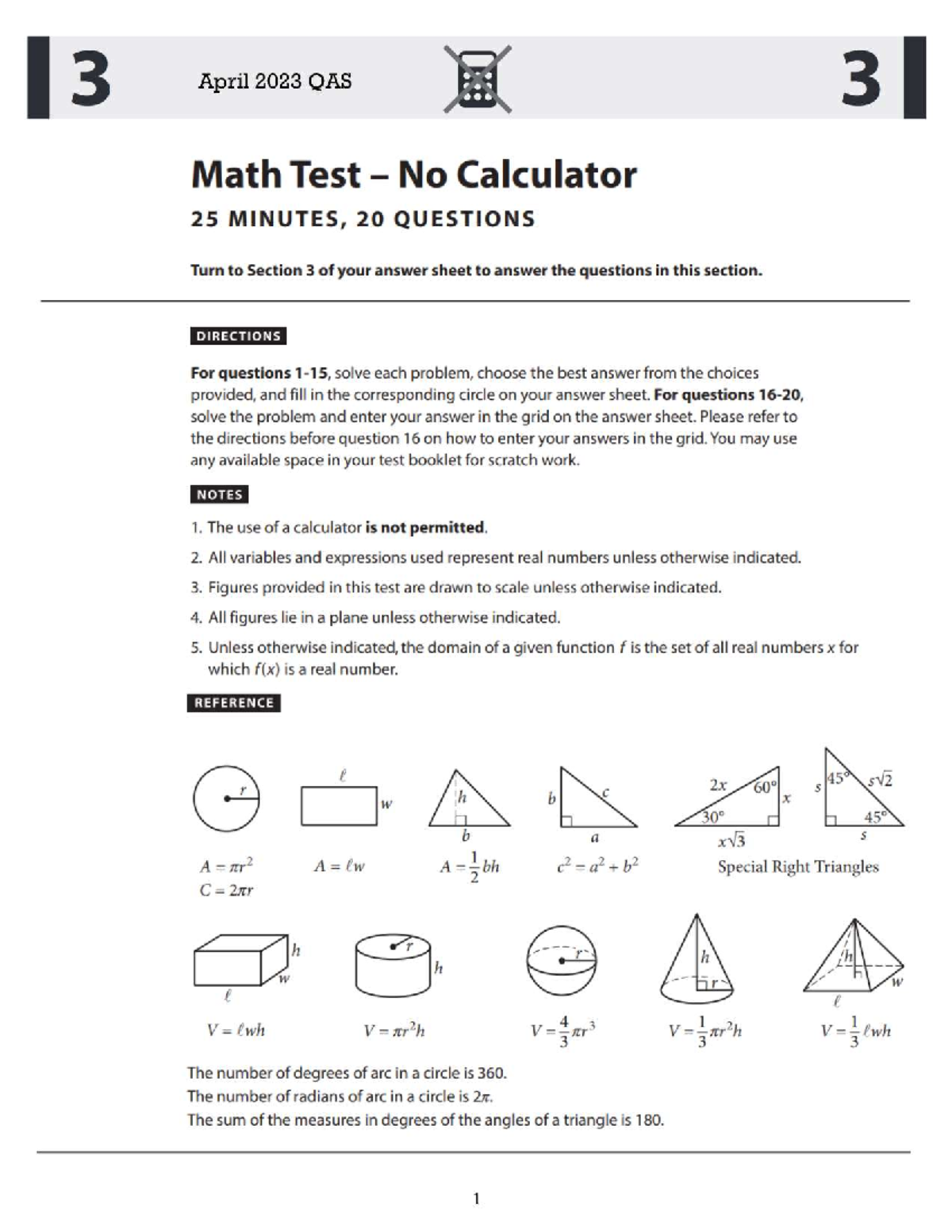 2023 April Math Non-Calculator - 3 April 2023 QAS 3 Math Test No ...