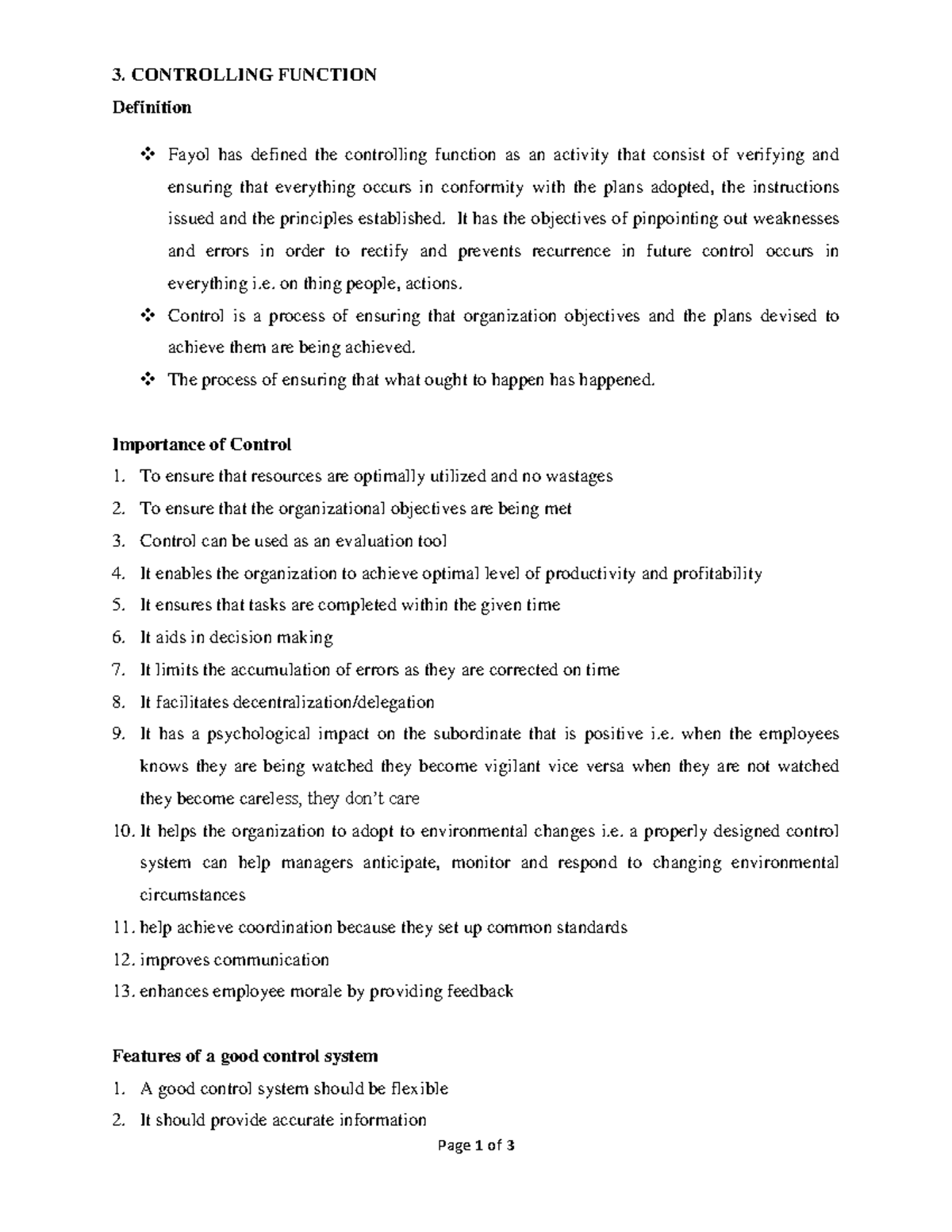 Controlling Function Page 1 Of 3 3 Controlling Function Definition Fayol Has Defined The