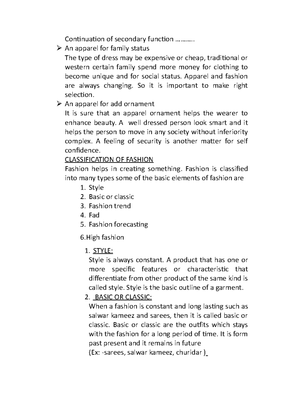 continuation of secondary function and classification of fashion ...