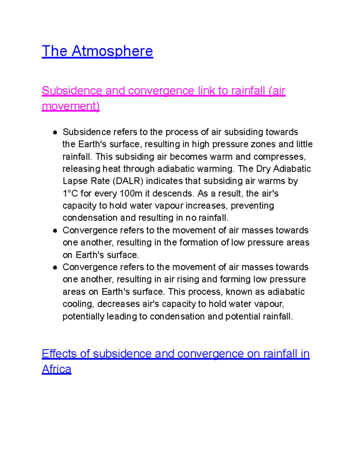 Geo notes 2 - the atmosphere mapwork - The Atmosphere Subsidence and ...