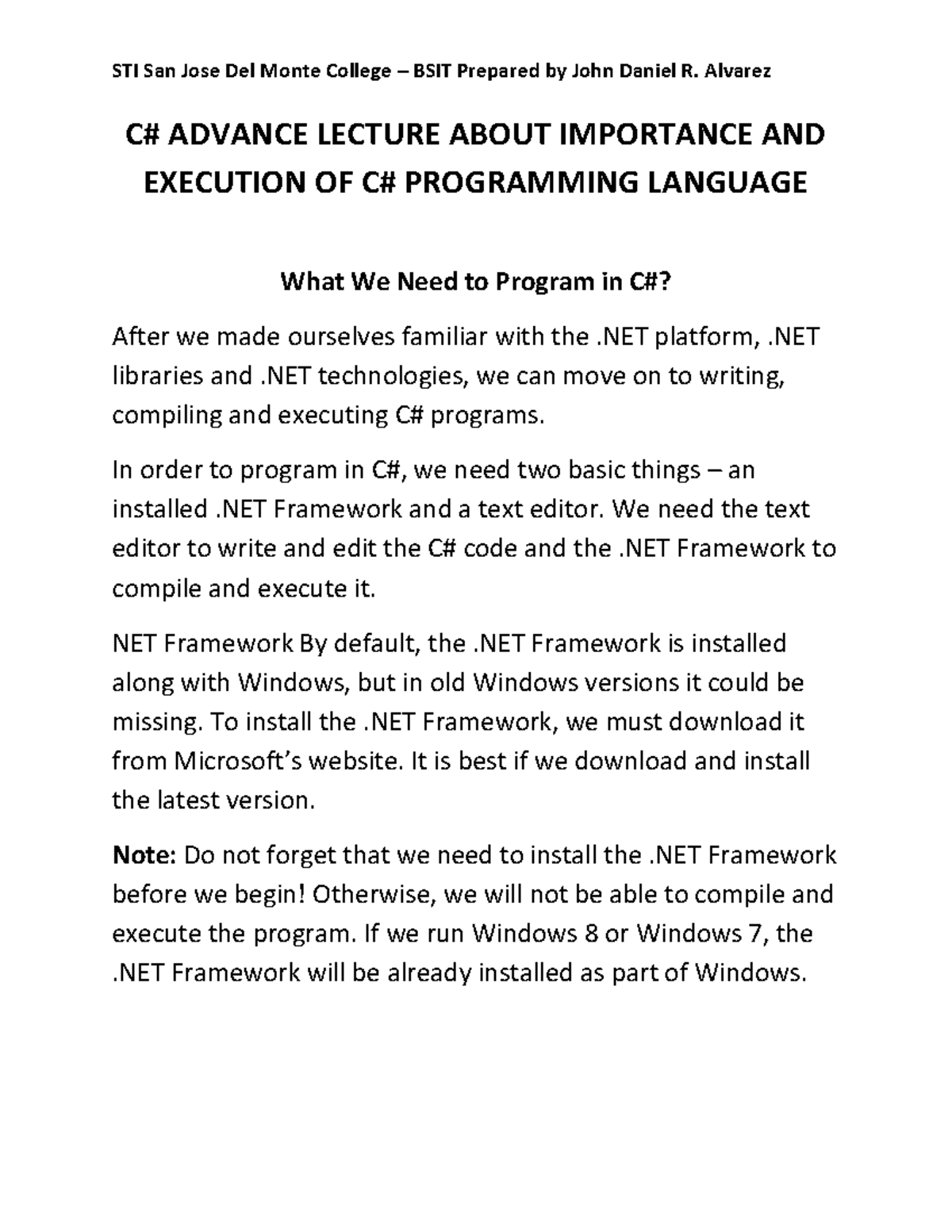 C Sharp Advance Lecture about the Importance and Execution of C Sharp Programming Language - Studocu