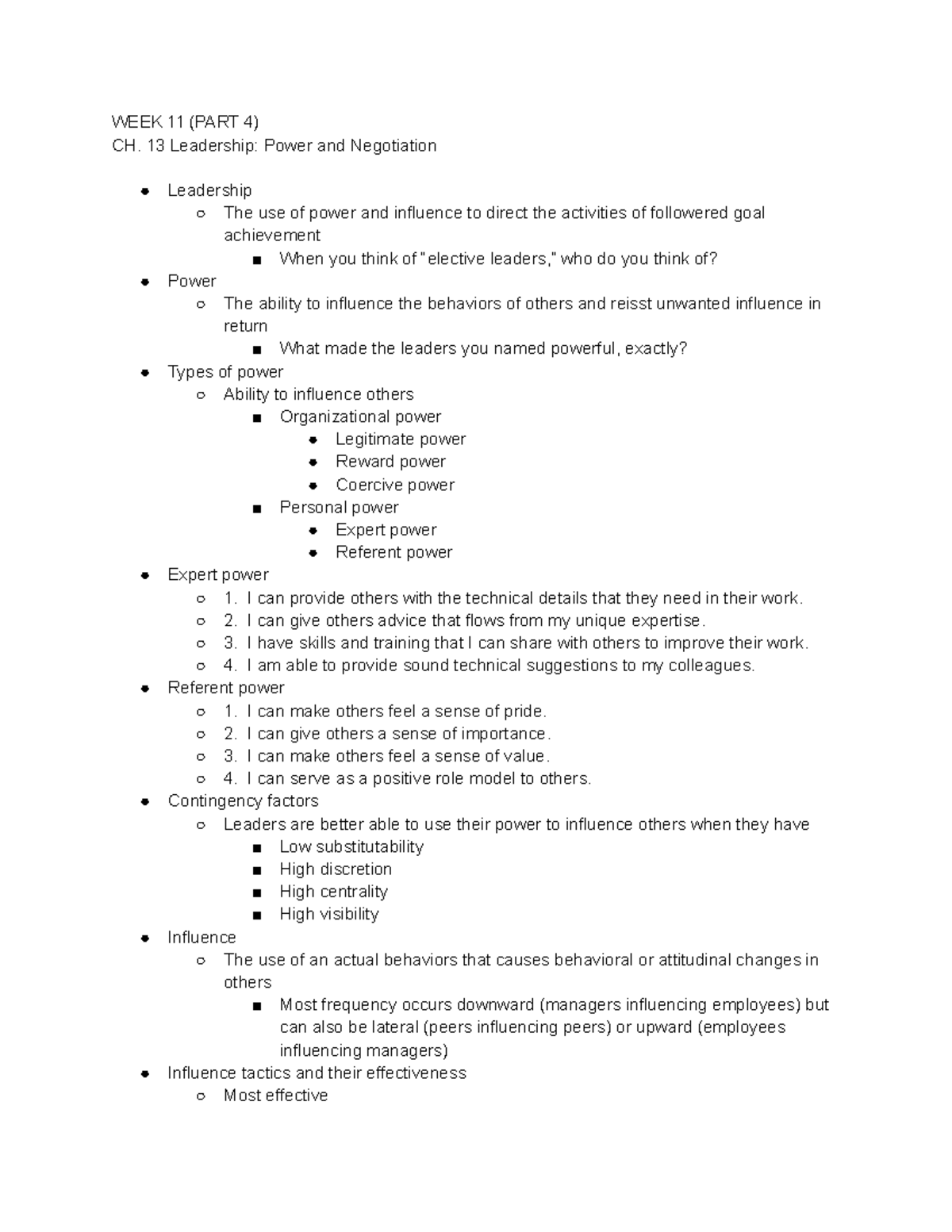 BUS 335- WEEK 11 - leadership, power, types of power, expert power ...