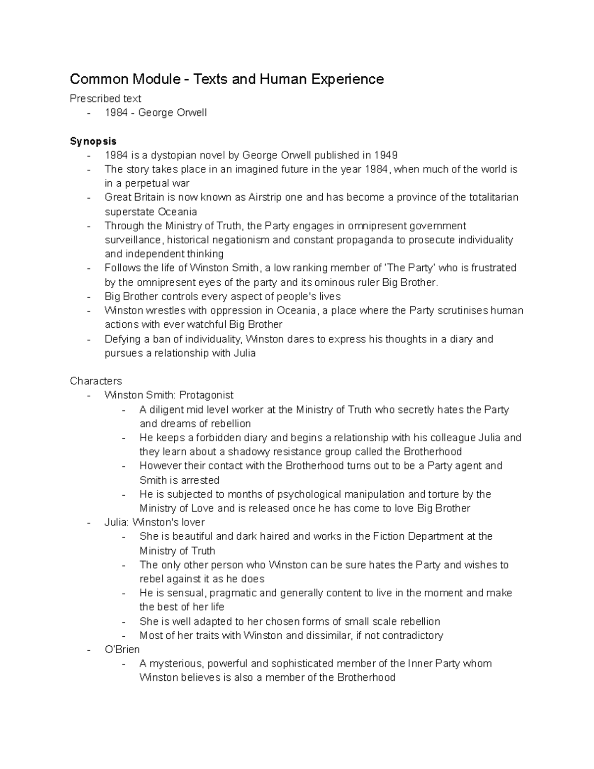 Eng Adv Notes - Common Module - Texts and Human Experience Prescribed ...
