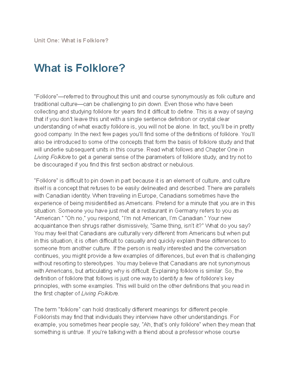 Folklore- unit 1 lecture notes - Unit One: What is Folklore? What is ...