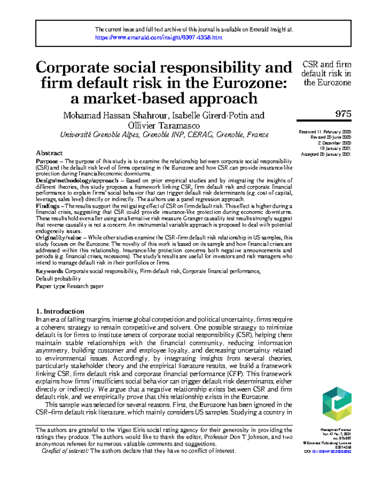 CSF and default - Paper - Corporate social responsibility and firm ...