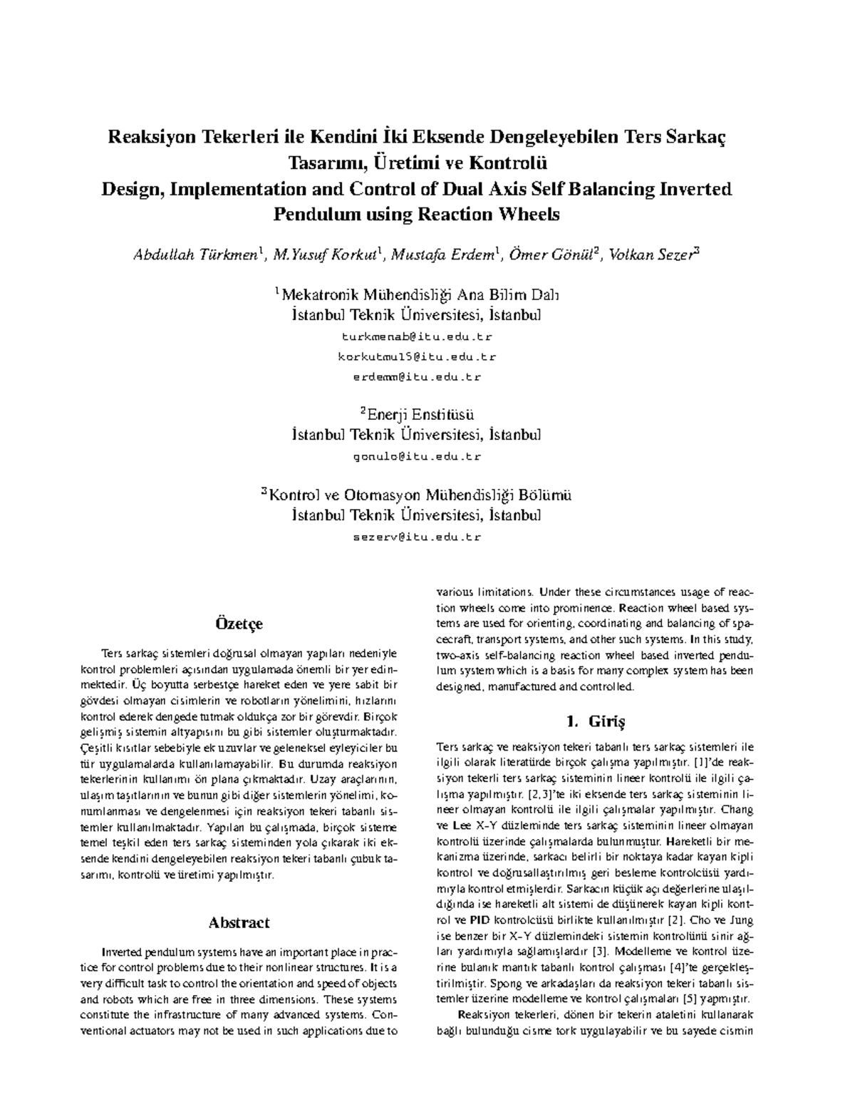Tok 2D inverted pendulum - Reaksiyon Tekerleri ile Kendini ̇Iki Eksende ...