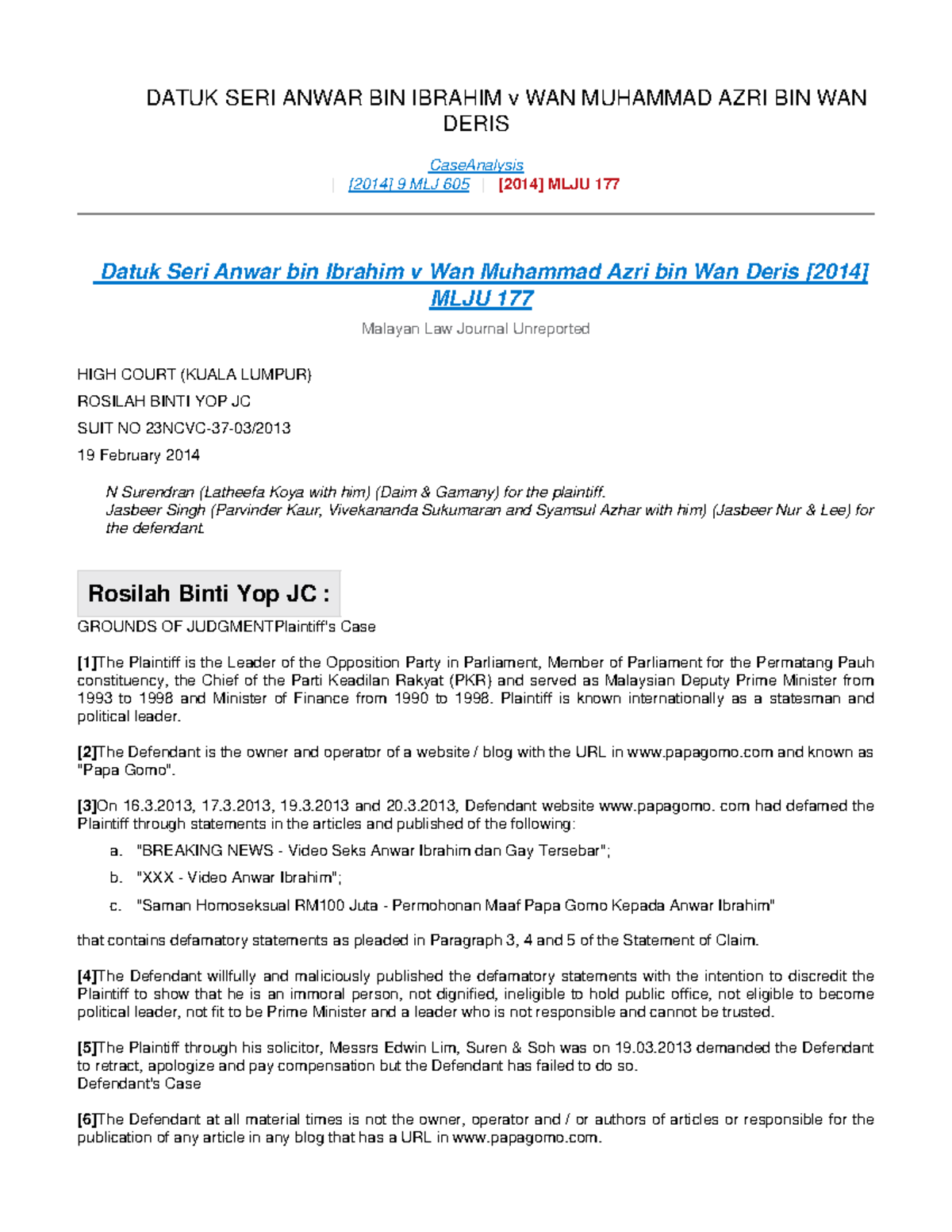 Datuk Seri Anwar bin Ibrahim v Wan Muhammad Azri bin W - Jasbeer Singh ...