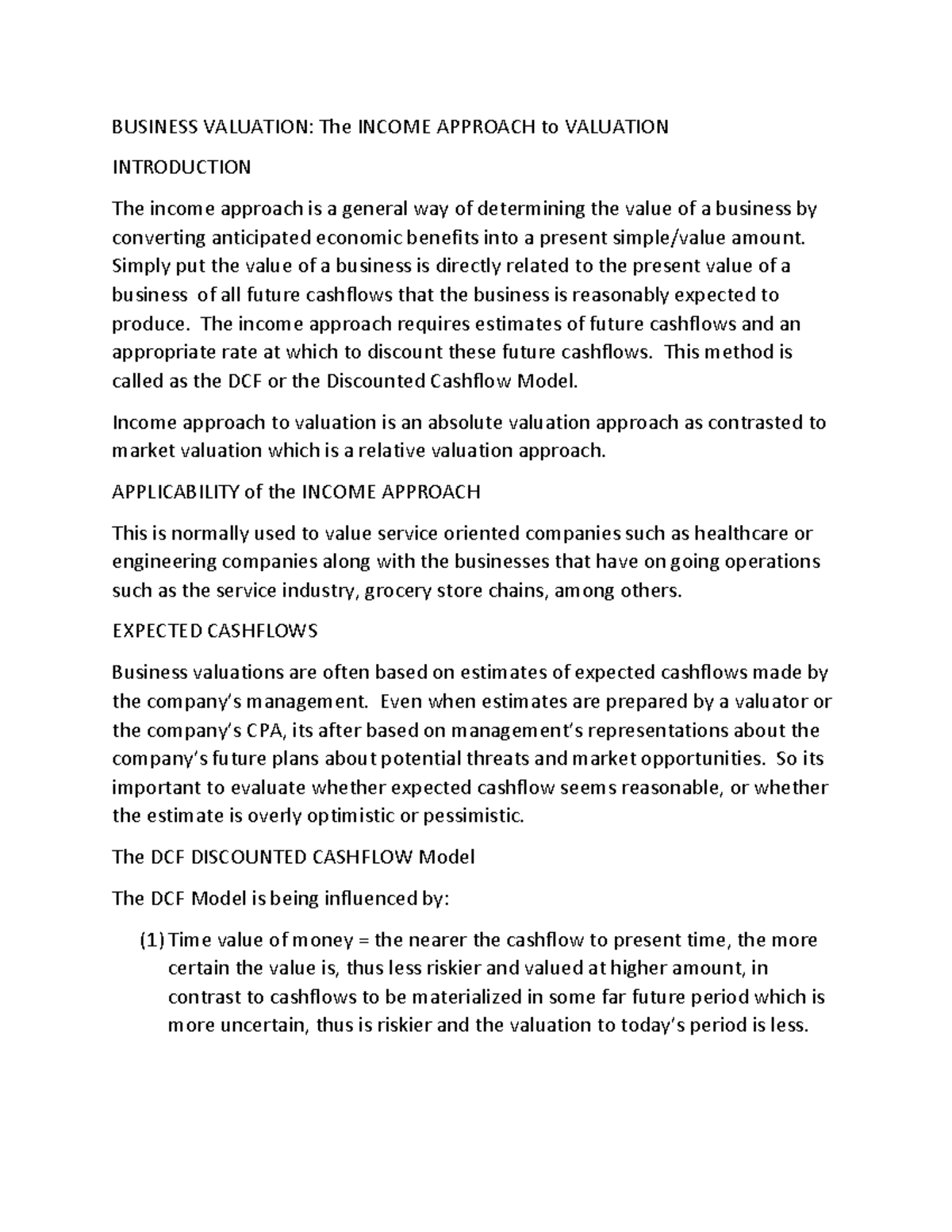 Business Valuation THE Income Approach 1 - BUSINESS VALUATION: The ...