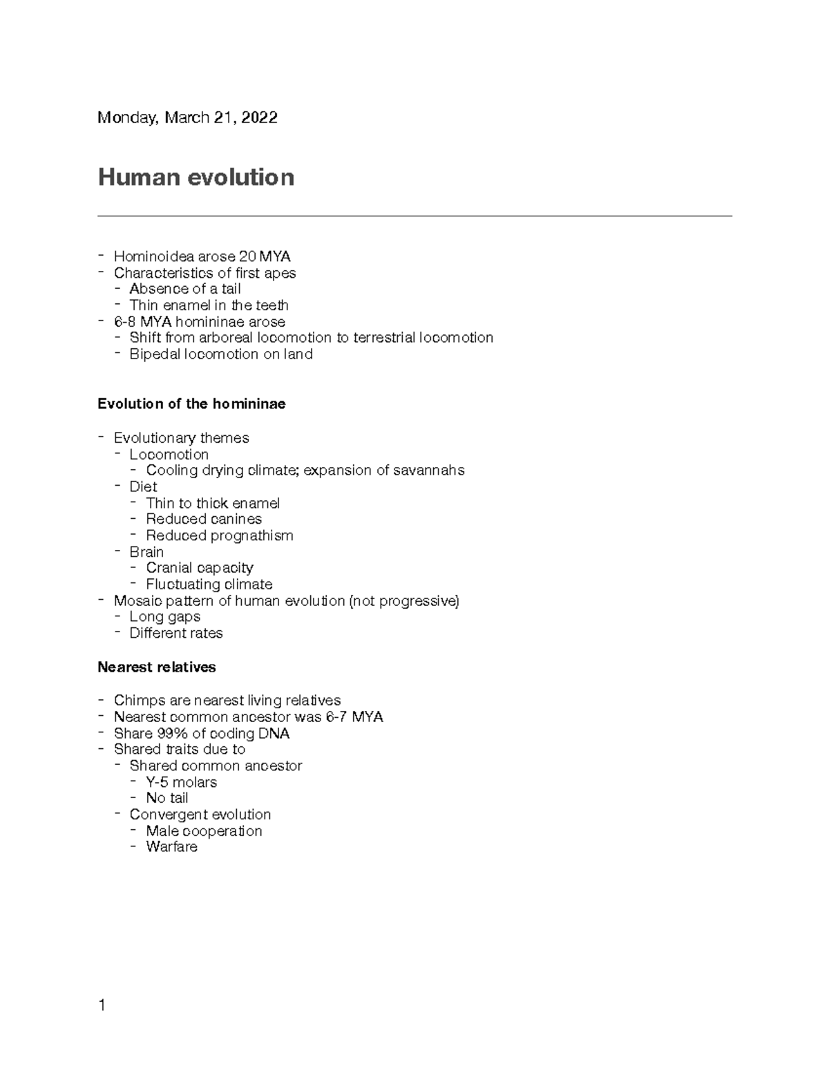Human evolution - Notes for ANHB1101 - Monday, March 21, 2022 Human ...