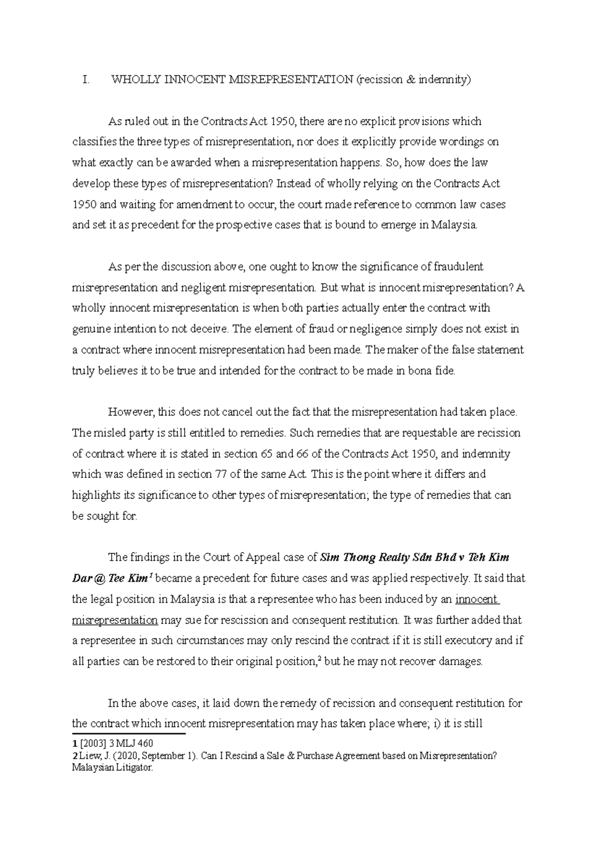 Wholly Innocent Misrepresentation - I. WHOLLY INNOCENT ...