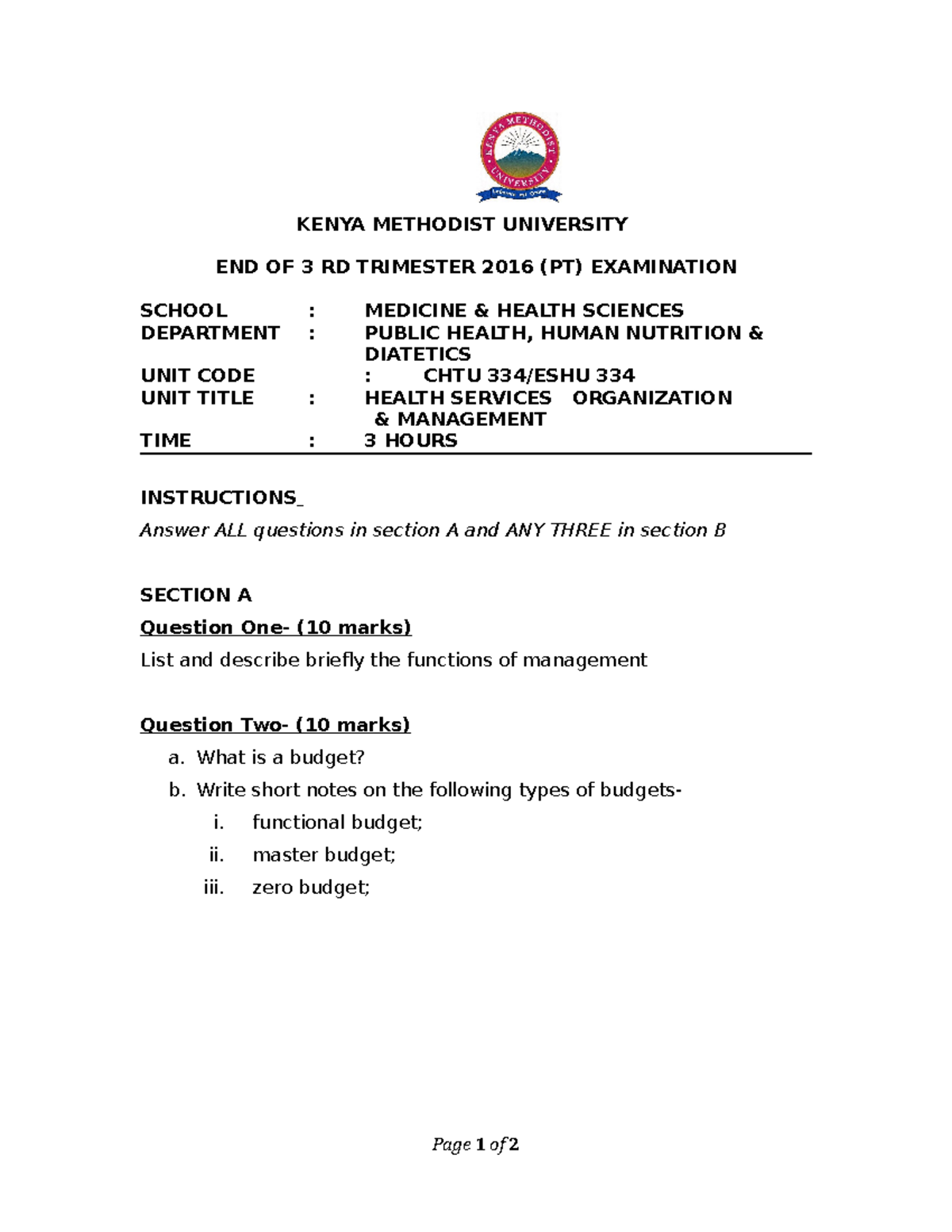 Health Services Organization & Management (CHTU 334-EHSU 334) 3RD ...